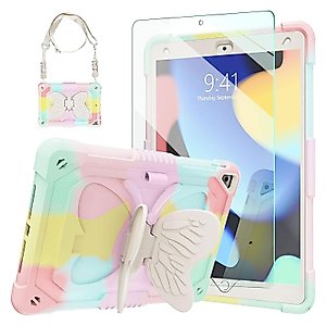 Ambison Case for iPad 9th/8th/7th Generation for Kids Giirls,with 9H Tempered Glass Screen Protector,Cute Rugged Protective Case for iPad 10.2 inch,with Carrying Strap,Kickstand,Pen Holder-Multicolor