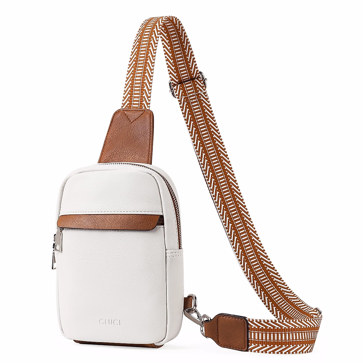 CLUCI Small Sling Bag for Women Crossbody Purse, Leather Fanny Packs with Guitar Strap, Cross Body Bag Women Off White with Brown