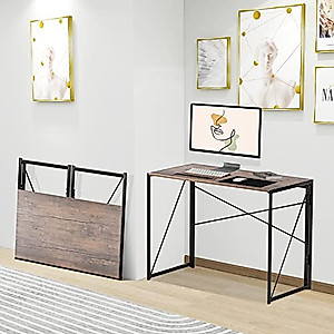 Folding Desk Simple Home Office Desk, Foldable Space Saving Computer Study Writing Table Workstation with Metal Frames/Wood Top Laptop, No Assembly Required, 39.4 Inch, Industrial Brown