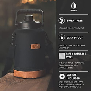 HEMLI One Gallon Water Bottle Insulated, 128 oz Insulated Stainless Steel Water Bottle, One Gallon Jug, Double-Walled Vacuum-Sealed Insulated Beer Growler, with Carrying Case