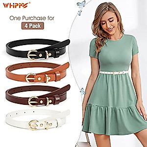 WHIPPY Set of 4 Women Skinny Belts Thin Leather Waist Belt with Alloy Pin Buckle for Pants Jeans Dresses, Black/Brown/Coffee/White,Fits Waist 27"-31"