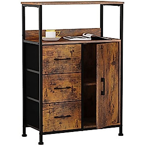 Furnulem Industrial Storage Cabinet with 3 Drawers and Door,2 Tiers Shelves Wood Floor Cabinet with Sturdy Frame for Bathroom,Entryway,Office,Kitchen