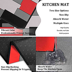 Kitchen Rugs Set of 2- Red, Black, and Grey Modern Geometric Non-Slip Washable Floor Mats - Comfort Sink and Laundry Room Runner - Contemporary Abstract Art Design Decor 17x47.2 and 17x30 inches