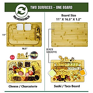 PandPal Charcuterie Cheese Board Set with Bonus Knives, Bowls, and Forks – Reversible Extra Large Bamboo Board & Serving Tray with Deep Grooves and Easy Handles
