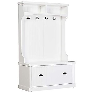 HOMCOM Hall Tree for Entryway, Coat Rack Shoe Bench with Bottom Storage, 4 Metal Double Hooks and 2 Shelves for Hallway, Living Room, White