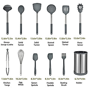 Keidason Kitchen Cooking Utensils Set, 12-piece Non-stick Silicone Kitchen Utensils Set Heat-resistant Stainless Steel Handle, BPA-Free, Cooking Tool Mixing Kitchen Tool Set (Gray)