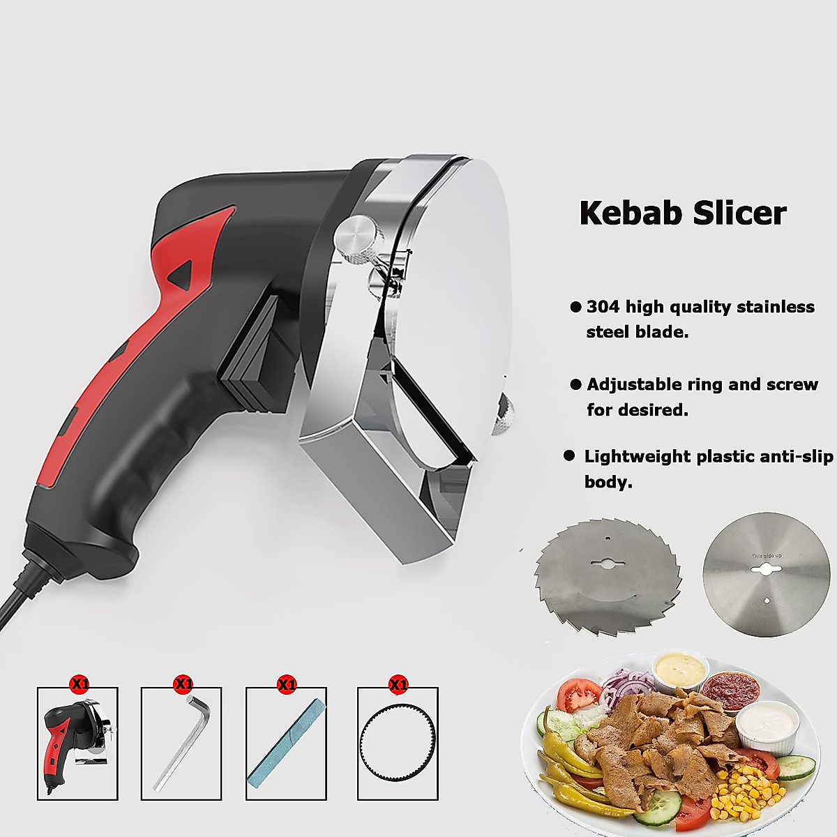 Commercial Turkish Kebab Slicer With 2 Blade 80w Electric Kebab Knife Gyro Shawarma Cutter 60kgs Per Hour (Silver(110V))