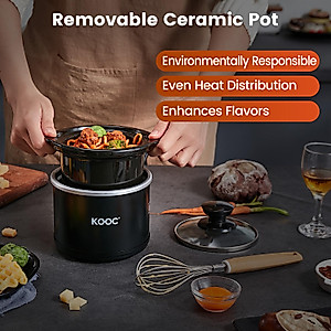 KOOC Small Slow Cooker, 0.65 Quart, Free Liners Included, Upgraded Ceramic Pot, Nutrient Loss Reduction, Sauces, Stews & Dips, Stainless Steel, Black, Round