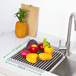 Roll Up Dish Drying Rack, ABQ Over Sink Dish Drying Rack, Foldable All Silicone Coated Rolling Sink Rack Mat Stainless Steel Dish Drainer for Kitchen (17.5''x13'')