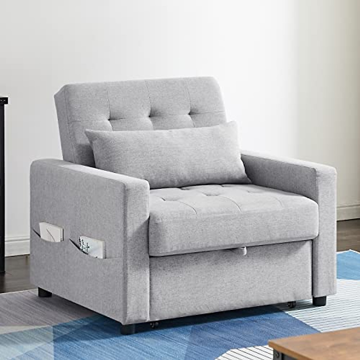 Setawix Convertible Chair Bed 3-in-1, Multi-Functional Sleeper Sofa Chair with Adjustable Backrest, Single Sofa Chair with Side Pocket and Pull Out Bed, Folding Recliner Chair (Linen, Grey)