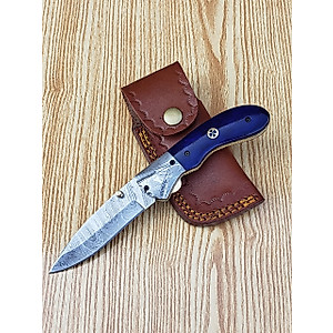 CLOUD KILT Handmade Pocket Folding Knife With Leather Sheath Premium Quality Best Hunting Gear Pocket Knives Gifts For Men (Blue Horn Bone)