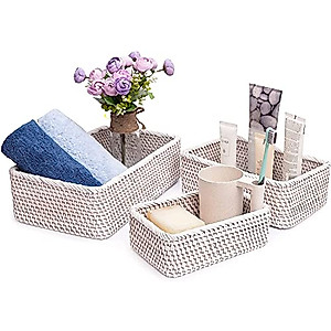 Wicker Storage Basket for Shelves Dvd Storage Box Organizer Set 3 Living Room Accessories and Decor Small Pantry Organization Rattan Storage Baskets Closet Bins (Combo Set 3, White Wash)