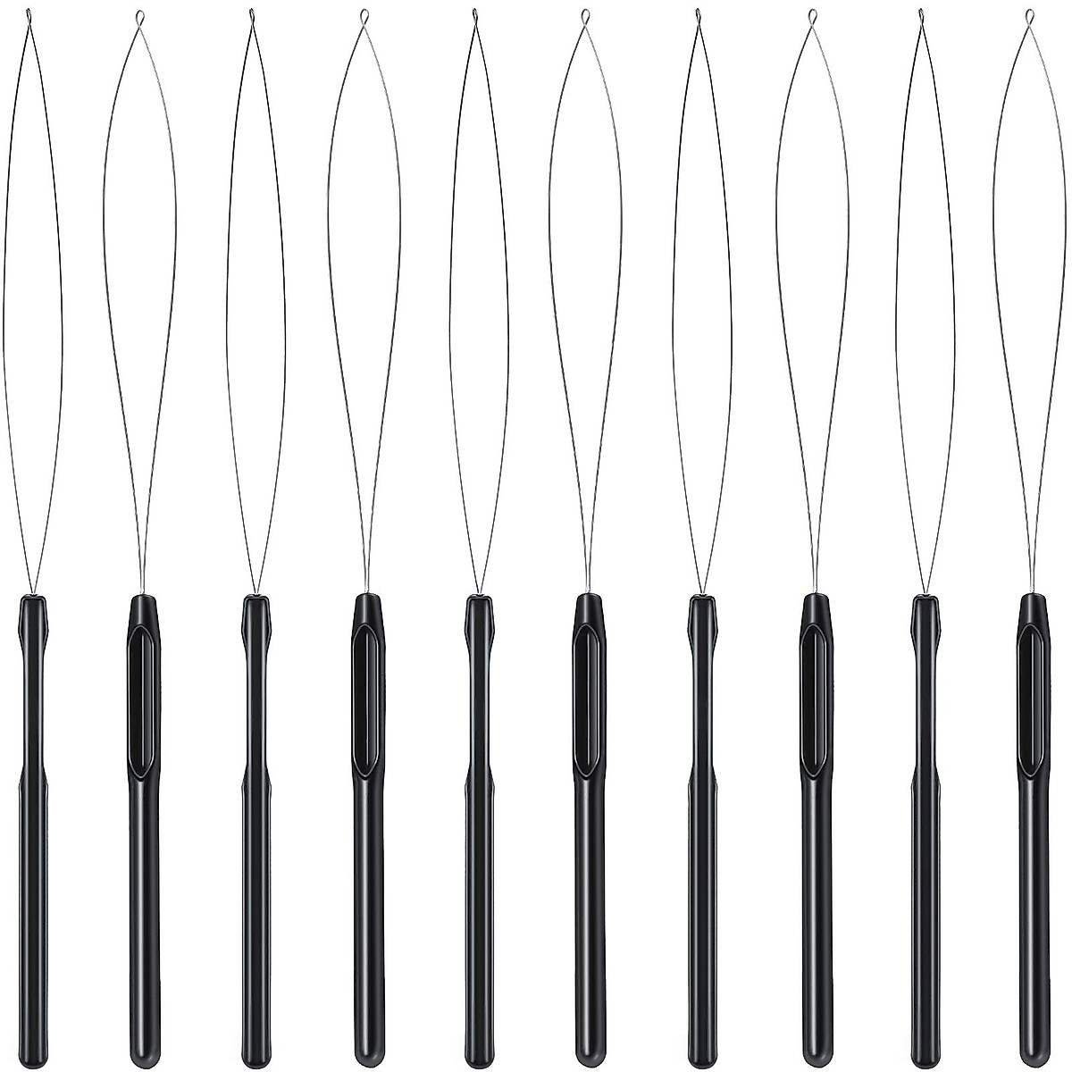 10 Pieces Hair Extension Loop Needle Threader Pulling Hook Tool and Bead Device Tool Black Loop Threader for Hair or Feather Extensions (Black)