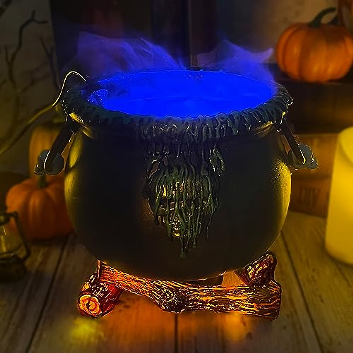 Cauldron Halloween Decor 8" Witch Plastic Cauldron with 12 LED Mist Maker & Splash Guard & Glowing Charcoal Base, Perfect for Halloween Party Decoration Witch Cauldron Decor Haunted House Props