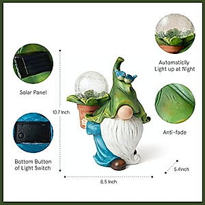 LA JOLIE MUSE Garden Gnome Statue - 10.7'' Resin Gnome Figurine Carrying Magic Orb with Solar LED Lights, Outdoor Decorations for Patio Yard Lawn Porch, Ornament