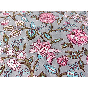 Craftbot Hand Block Print Fabric by The Yard - PRECUT 3 Yards 42 inch Width 100% Cotton Material Grey Floral Pattern Light Weight Indian Cloth for Making Kurti Summer Dress Salwar Kameez, and Pink