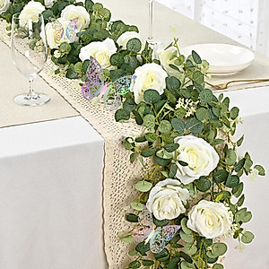 Yastouay 6.4 Ft Fuller White Flower Garland with Butterfly, Artificial Eucalyptus Garland with Flowers Fake Rose Vine Garland for Table Centerpiece Wedding Arch Baby Shower Party Room Backdrop Decor