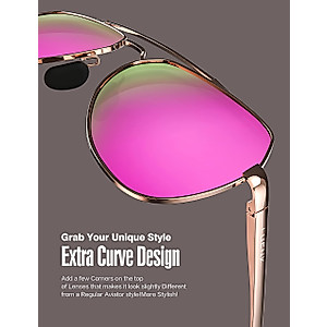 LUENX Women Aviator Sunglasses Polarized Shades Flexible Spring Hinge - Rose red Mirror Lens Rose Gold Metal Frame 60mm