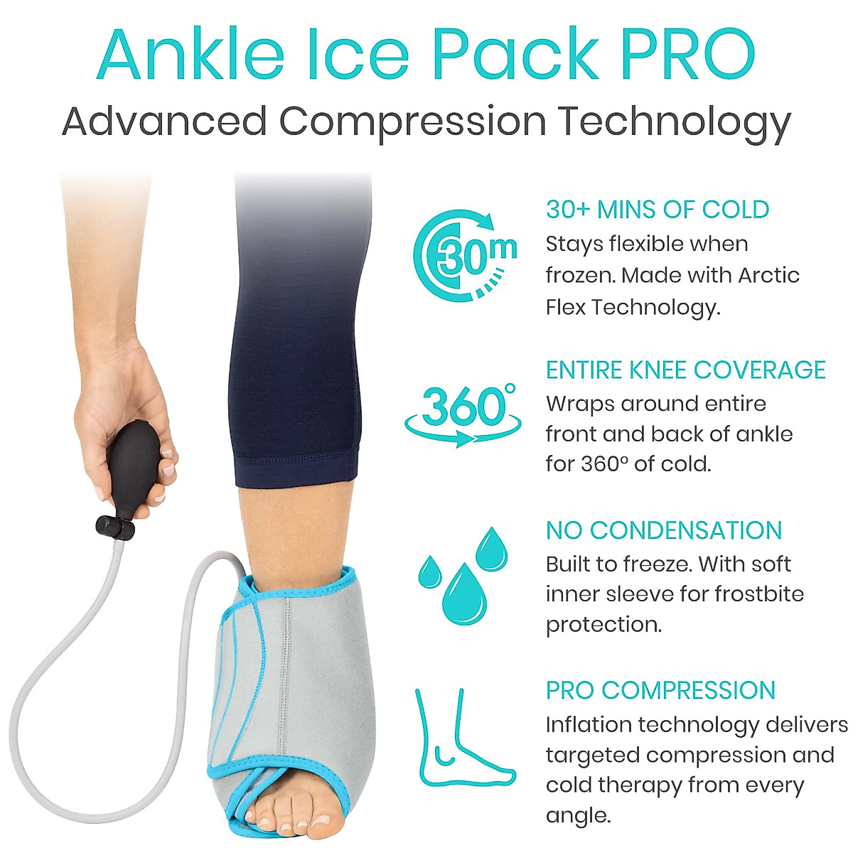 Vive Compression Ankle Ice Pack Wrap for Foot Pain Relief - Soft Cold Brace for Recovering Injuries - Support for Swelling, Sprains, & Fractures - Filled with Reusable Gel, Fits Small & Large Feet