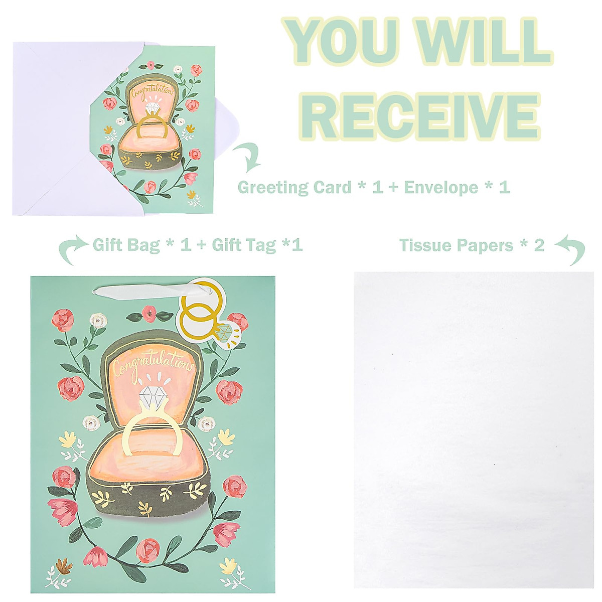 WRAPAHOLIC 13" Large Gift Bags with Card and Tissue Paper - Diamond Ring Design for Weddings, Engagements, Bridal Showers, Gift Wrap