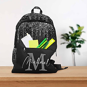 Custom Name Backpack Bag for Boys Girls Son, Personalized Black Glitter Sparkle Drip with Initial Schoolbag Casual Backpack Customized Bookbag for Kids Unisex Back School Camping Hiking Travel