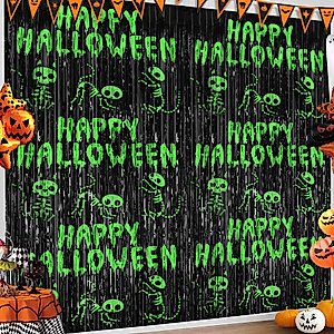 2 Pack Halloween Foil Fringe Curtains Decorations, 3.3 x 6.6 FT Black Tinsel Fringe Curtain Cat Happy Halloween Decorations Indoor Photo Backdrop Streamers for Home Halloween Party Decor