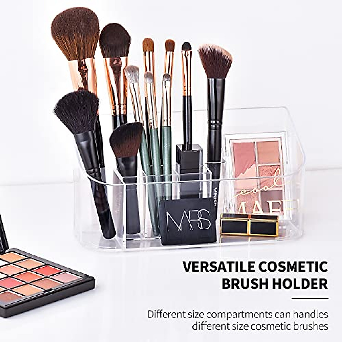 YOHOM Small Clear Makeup Organizer Tray Vanity Cosmetic Brush Holder Storage Box 9-Compartments Countertop Lipstick collection Display Case with 2 Dividers Plastic