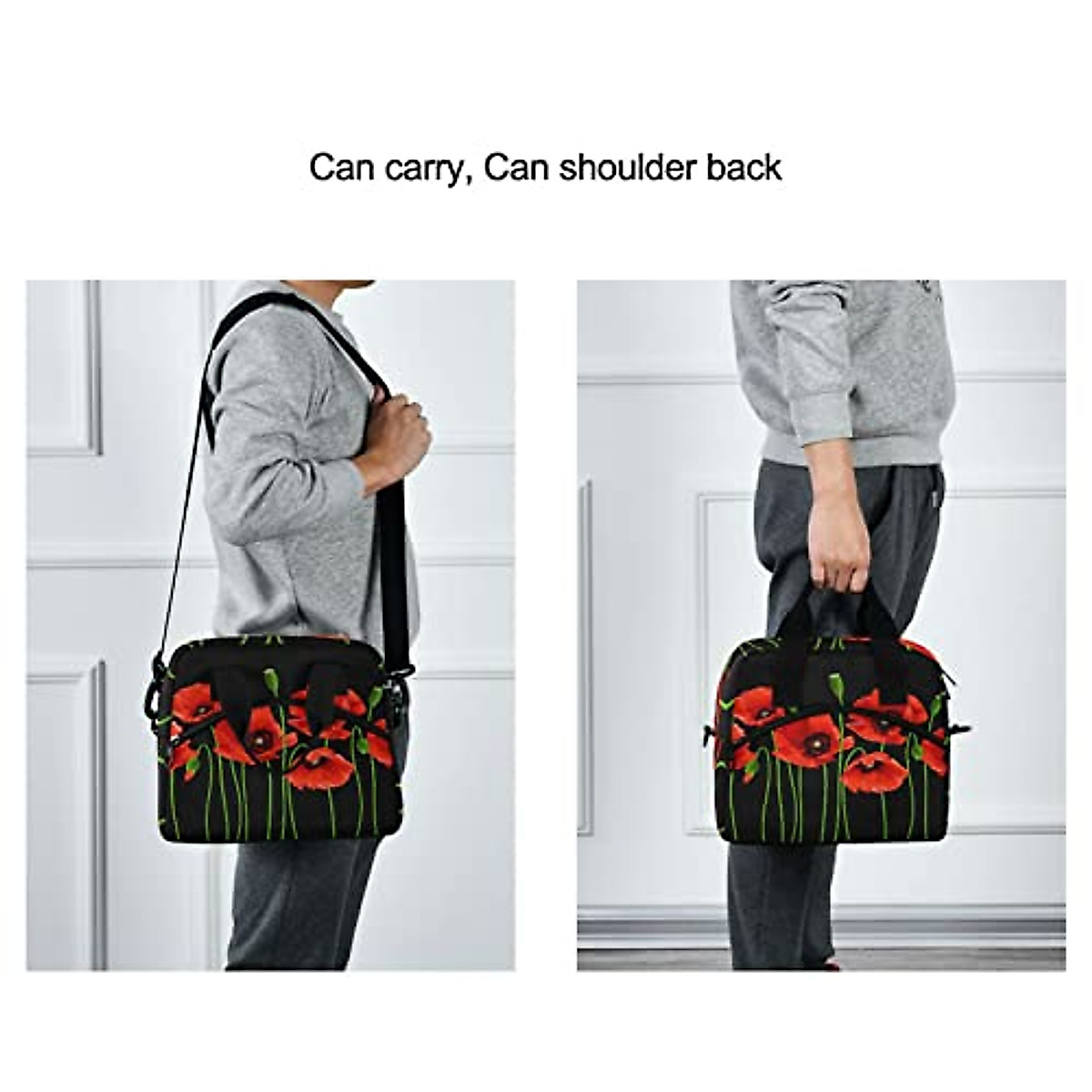 Large Lunch Bag for Women Men Flower Poppy Art Painting Cooler Bags Insulated Lunch Tote Bag with Zipper Top & Detachable Shoulder Strap for Work Picnic Beach, No Leak