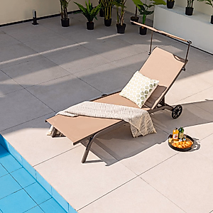 HAPPYGRILL Chaise Lounge with Wheels & Adjustable Canopy Shade, Outdoor Mobile Tanning Chair with Cup Holder, Recliner Chair for Patio Poolside Lawn Beach