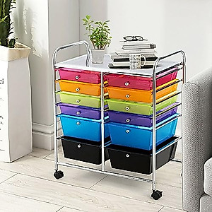 12-Drawer Rolling Storage Craft Cart and Organizer - Rolling Organizer Cart Tools and 4 Universal Casters (Transparent Multicolor)