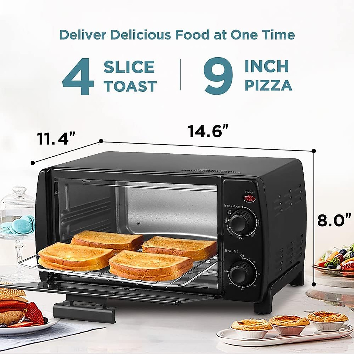 Dominion 4 Slice Small Toaster Oven Countertop, Retro Compact Design, Multi-Function with 30-Minute Timer, Bake, Broil, Toast, 1000 Watts, 2-Rack Capacity, Black