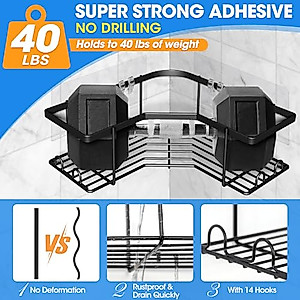 Corner Shower Caddy, 5 Pack Adhesive Organizer Stainless Steel Bathroom Shelves with Holder & 14 Hooks No Drilling Wall Mounted Storage Rack Shelf for Inside Shower, Black