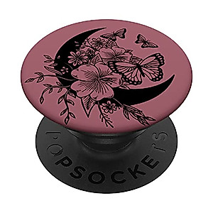 Dark Rose Pink Black Butterfly Crescent Moon Flower PopSockets Swappable PopGrip