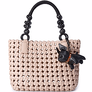 Queenoris Woven Tote Bags for Women, Large Hollow-out Vegan Leather Fashion Top-handle Purse Shopper Bag Travel Bag (Apricot)