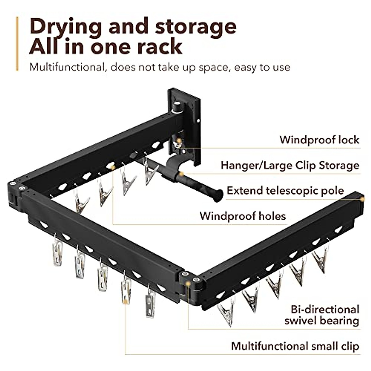 ZdwCyl Wall Mounted Clothes Hanger,Clothes Drying Rack,Laundry Drying Rack,Laundry Rack Wall Mount,Space Saver,Retractable Drying Rack Clothing,Collapsible(Tri-Fold), Windproof Holes,with Clips