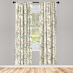 Ambesonne English Garden Curtains, Repetitive Floral Pattern with Vintage Different Flowers Bouquet, Window Treatments 2 Panel Set for Living Room Bedroom, Pair of - 28" x 84", Yellow Beige