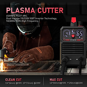 YESWELDER Plasma Cutter 65Amp Non-High Frequency Non-Touch Pilot Arc, Digital Display DC Inverter 110/220V Dual Voltage Blowback Plasma Cutting Machine CUT-65DS PRO