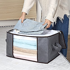 Fixwal 6 Pack Clothes Storage Organizers Foldable Clothing Storage Bags with Reinforced Handles Sturdy Zippers Storage Containers for Organizing Blanket Bedroom Closet Dorm Sweater, 60L, Gray