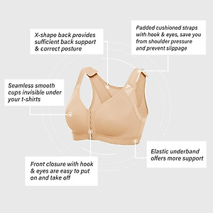 DELIMIRA Women's Front Closure Posture Wireless Back Support Full Coverage Bra Taupe Tan 36B
