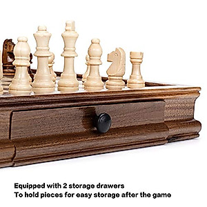 AMEROUS Magnetic Wooden Chess Set, 12.8" x 12.8" Chess Board Game with 2 Built-in Storage Drawers - 2 Bonus Extra Queens - Chess for Beginner, Kids and Adults, Gift Packaging