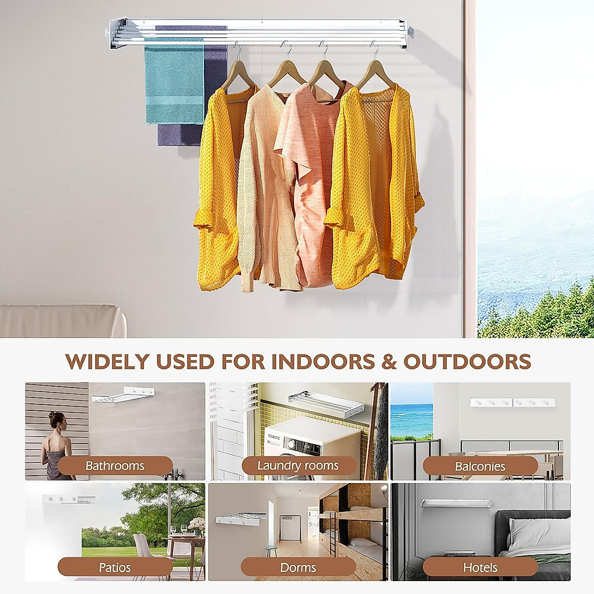 Wall Mounted Drying Rack 31.5", Upgrade 6 Knob Hooks, 5 Aluminum Poles, 40 lb. Load Capacity, Foldable, Retractable, Space Saving Clothes Drying Rack (31.5" White)