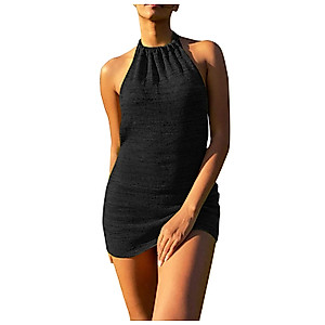 LULU99 Women Dress Elegant Sexy Metal Hanging Neck Tank Dress Fashion Casual Bohemian Sleeveless Solid Mini Dress Black