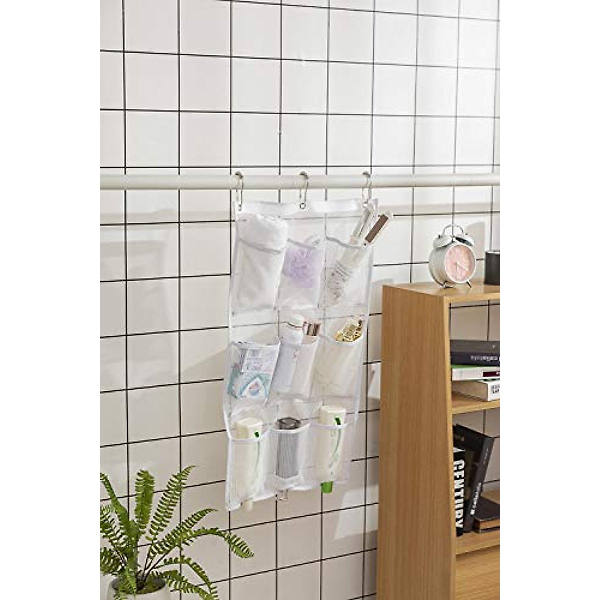 ALYER 9 Pockets Big Mesh Shower Caddy Hanging Bathroom Storage Organizer with 3 Rings (White)