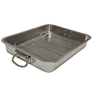 Generic Roasting Pan Stainless steel Roasting pan Turkey Roasting pan with grill Rectangular grill suitable for Turkey, roast chicken and ham (23.4x15.6x2.8in), Silver