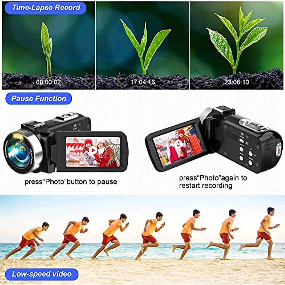 Rawiemy Video Camera Camcorder HD 2.7K 48.0MP Video Recorder Camera Vlogging Camera for YouTube Kids Camcorder with 3" LCD Screen,Remote,2 Batteries and 32G SD Card