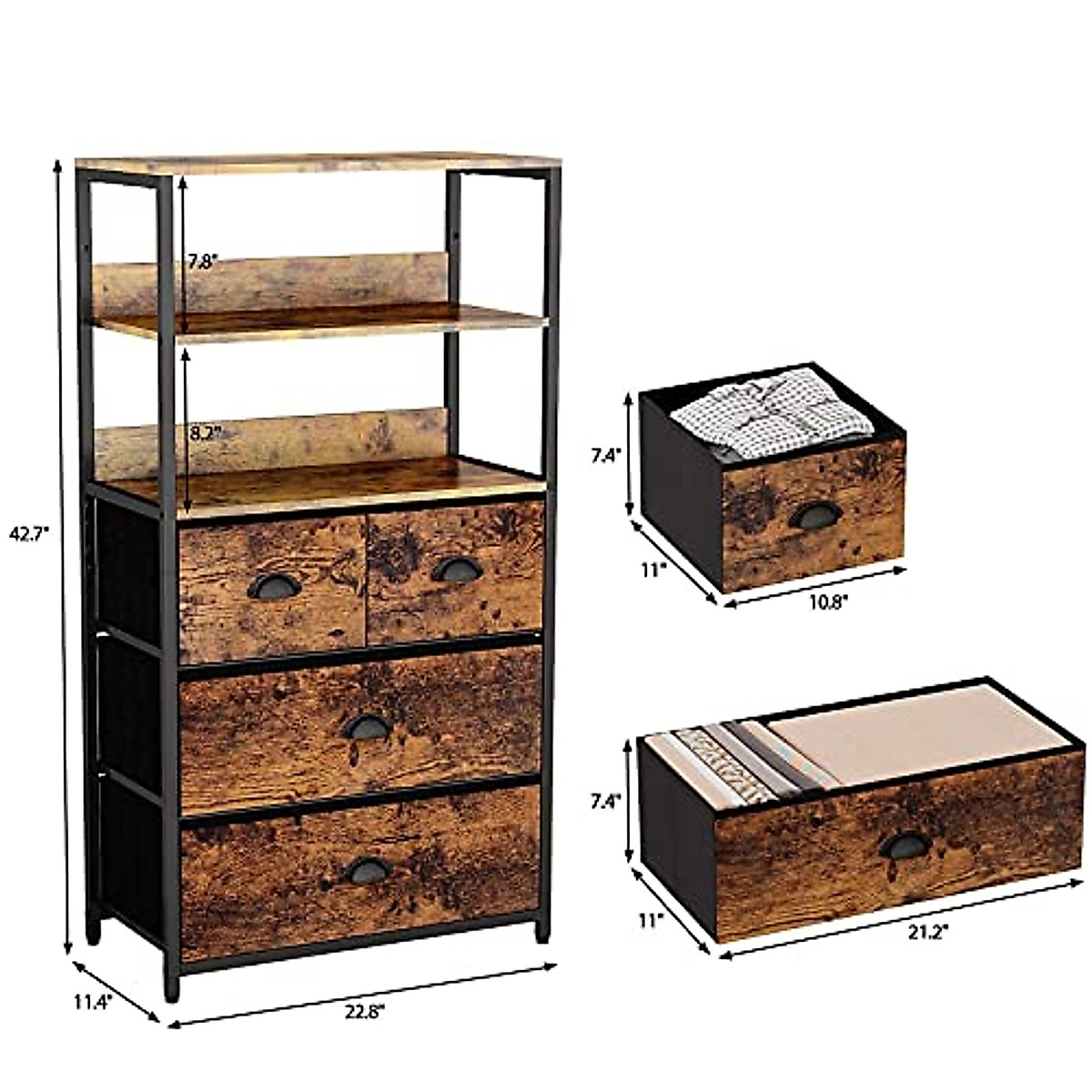 Furologee Vertical 4 Drawer Dresser with Shelves, and 3 Drawer Nightstand, Fabric Storage Tower Unit, Sturdy Metal Frame Furniture,Removable Brown Fabric Bins for Bedroom,entryway,Office