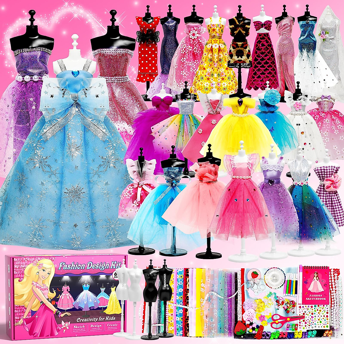 Axirata 800+PCS Fashion Designer Kit for Girls Creativity DIY Arts & Crafts Kit for Kids with Fashion Design Sketchbook, 4 Mannequins, Sewing Kit for Teen Girls Birthday Gift Age 6 7 8 9 10 11 12+