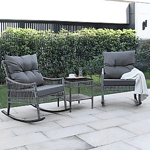 MUPATER 3-Piece Outdoor Rocking Chair Wicker Bistro Set with Table and Cushions, Patio Rattan Rocker Bistro Set for Porch, Grey