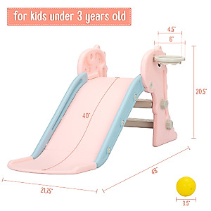 3 in 1 Freestanding Toddler Slide, Afaris Indoor Outdoor Playground with Basketball Hoop and Ball for Kids Boys Girls Under 3 Years, Pink