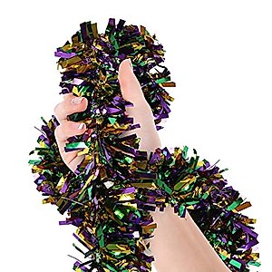 Mardi Gras Christmas Tree Tinsel Garland Gold Green Purple Wide Cut Metallic Streamers for Mardi Gras Party Supplies Christmas Oktoberfest Birthday Disco Party Decorations